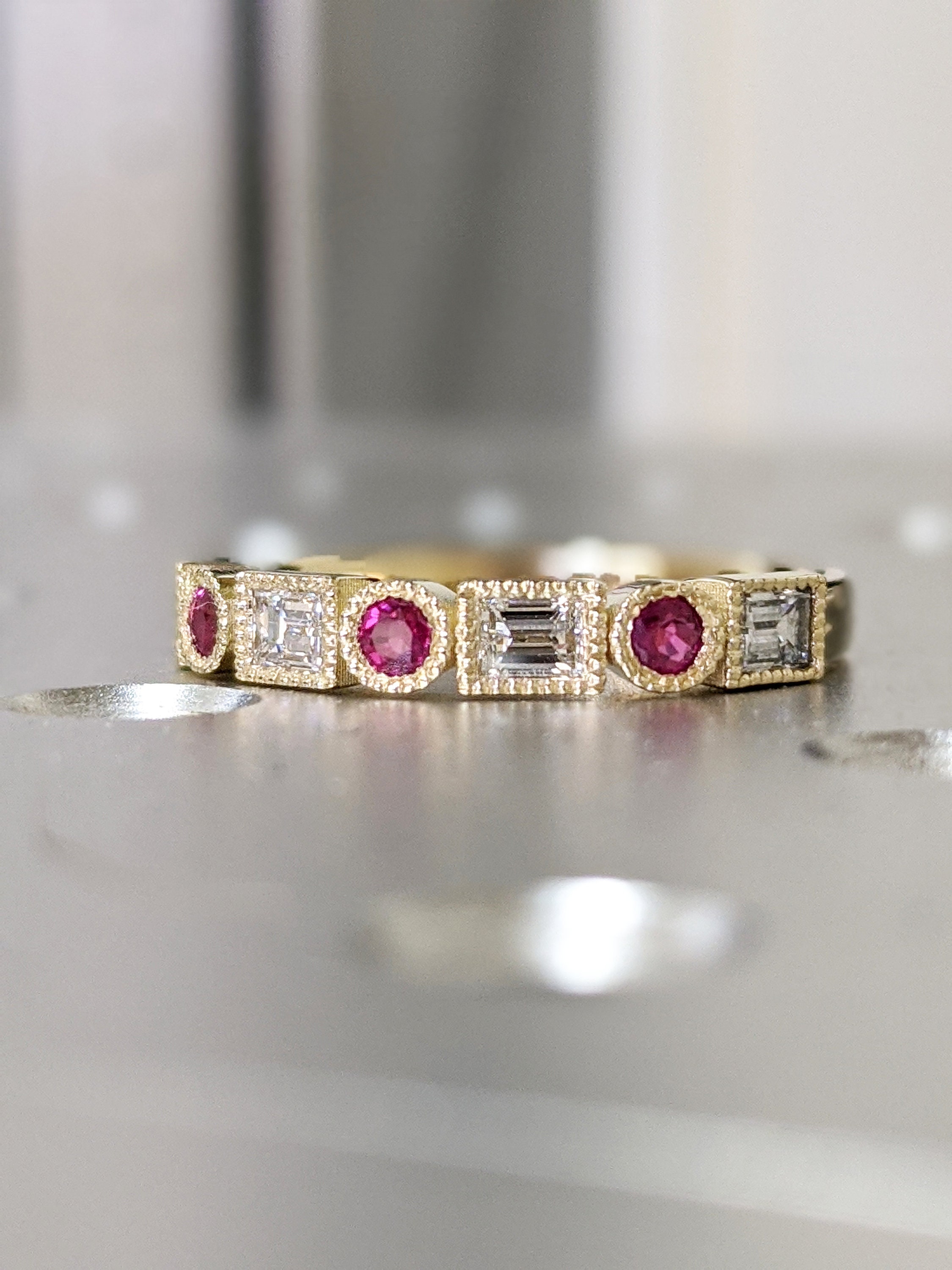 Baguette Dot Diamond Band 14K Diamond Ruby Milgrain Matching | Etsy