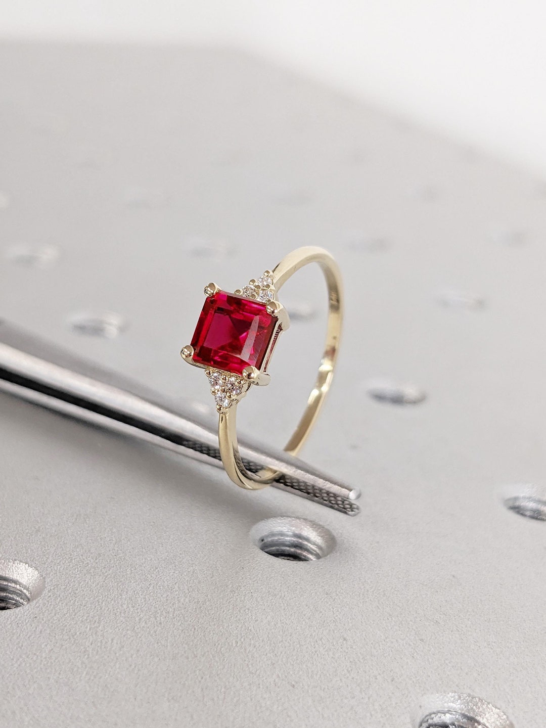 Asscher Cut Lab Ruby Engagement Ring | Art Deco 14k Yellow Gold Ring ...