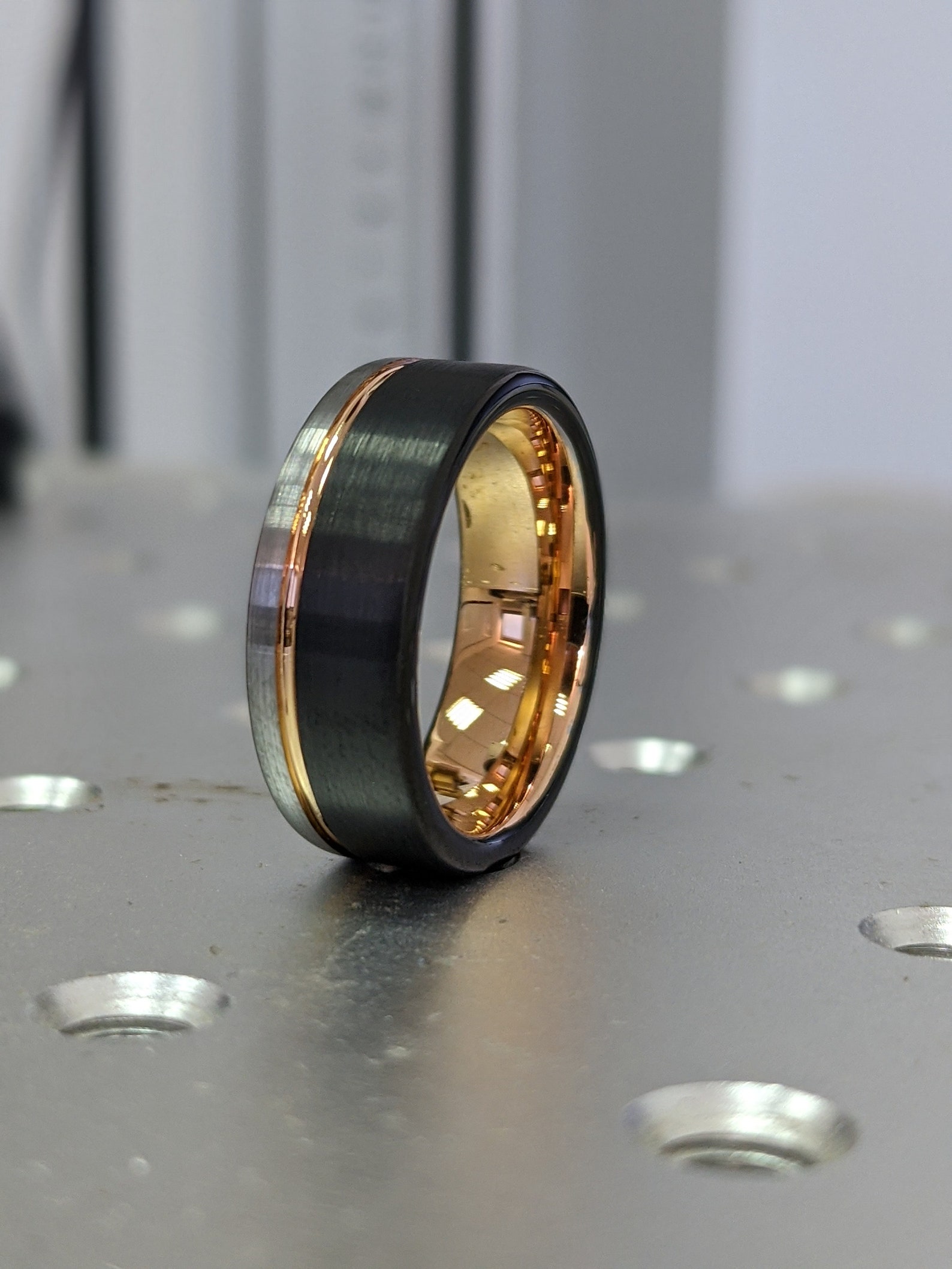 Tungsten Ring Black and Silver Brushed With Rose Gold Accent - Etsy