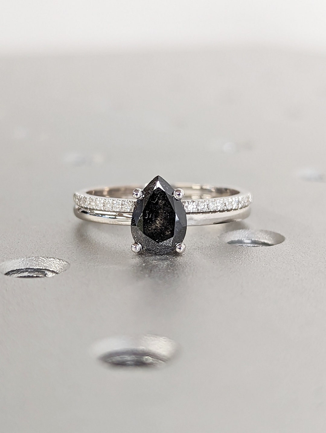 Raw Salt and Pepper Diamond, Rose Cut Pear Diamond Ring, Unique ...