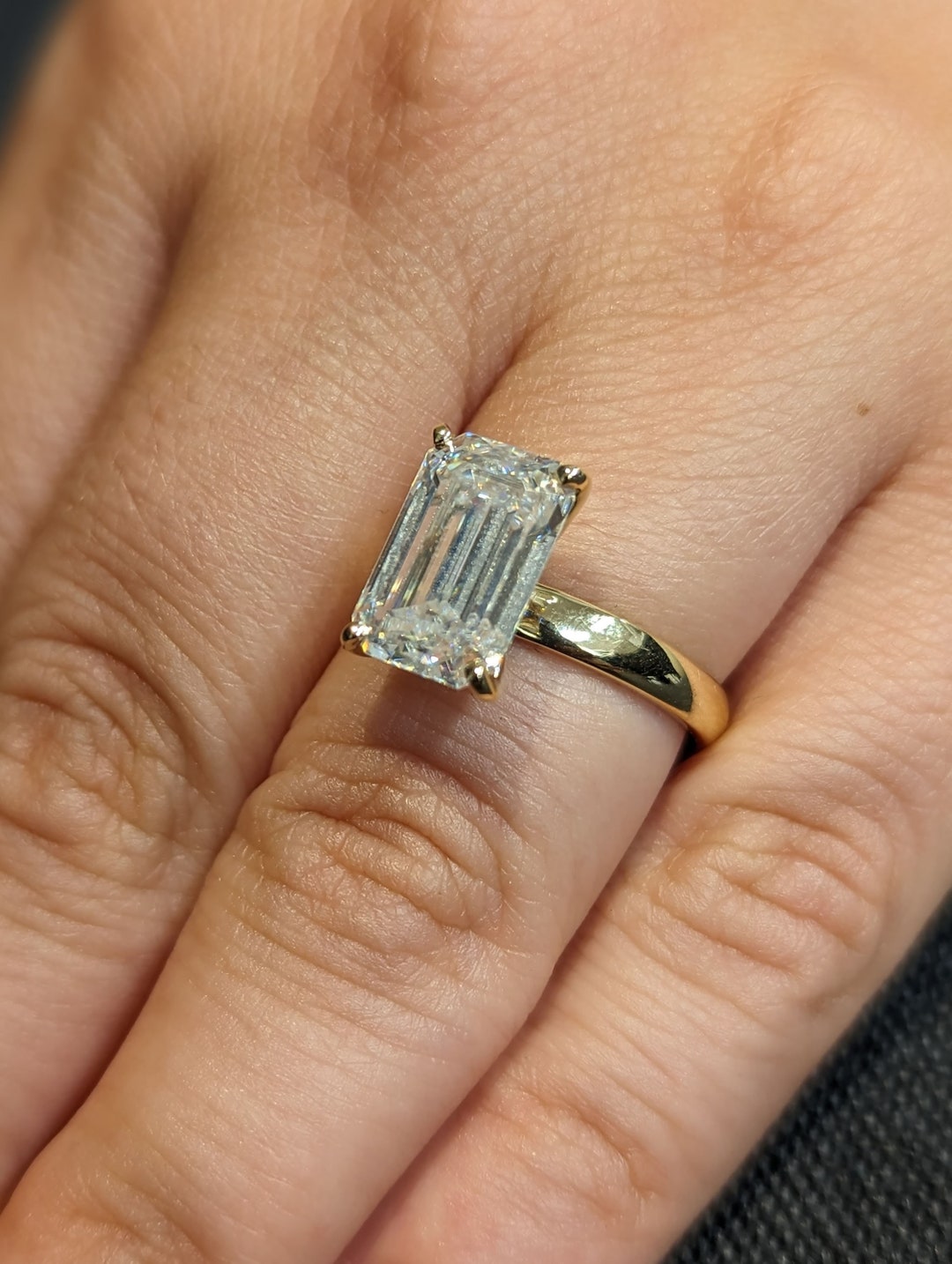 Timeless 4ct Emerald Cut Moissanite Wedding Anniversary Ring | Custom 14K Yellow Gold Solitaire ...