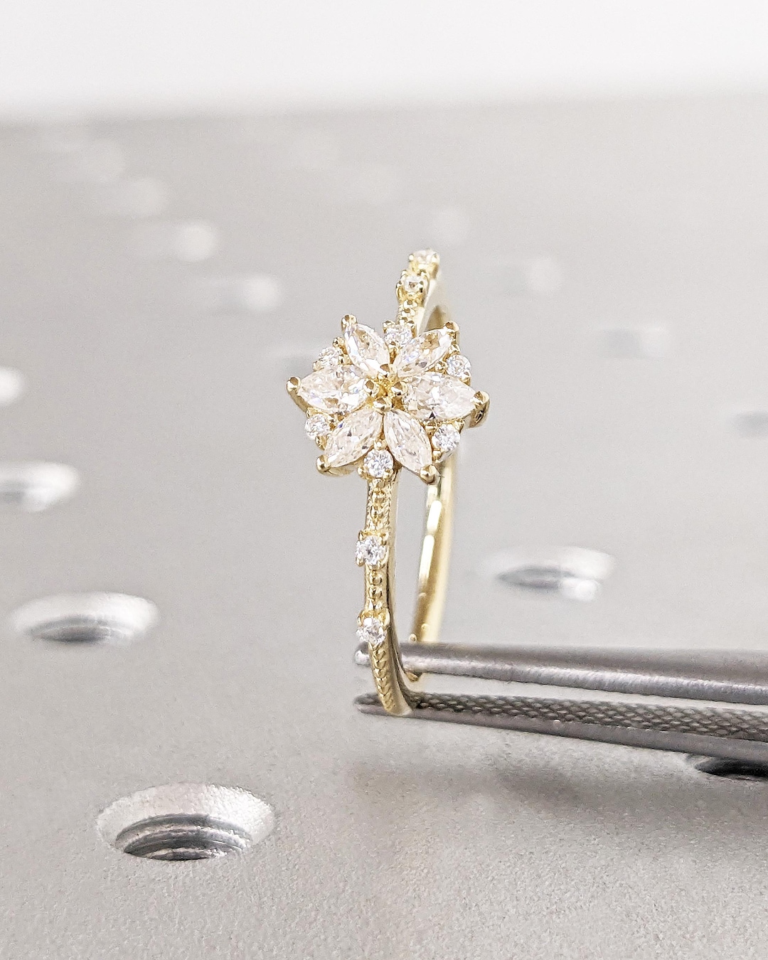 14K Gold Flower Lab Grown Diamond Engagement Ring / Lab Diamond Flower ...