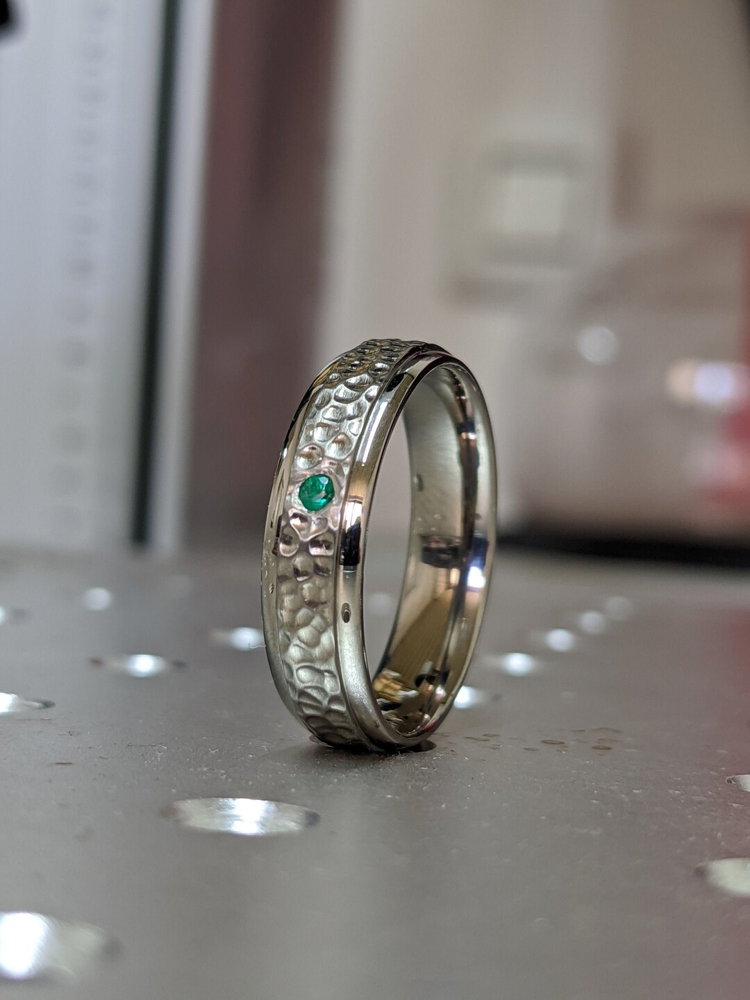 Green Emerald Titanium Hammered Wedding Ring Engagement Ring Brushed ...