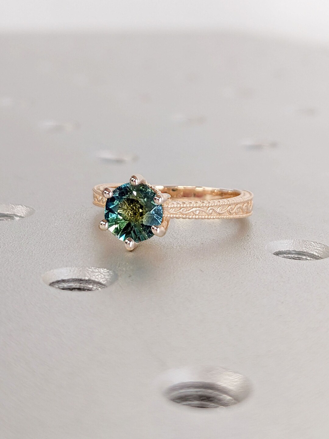 Vintage Style Blue Green Peacock Sapphire Engagement Ring / Round Cut ...
