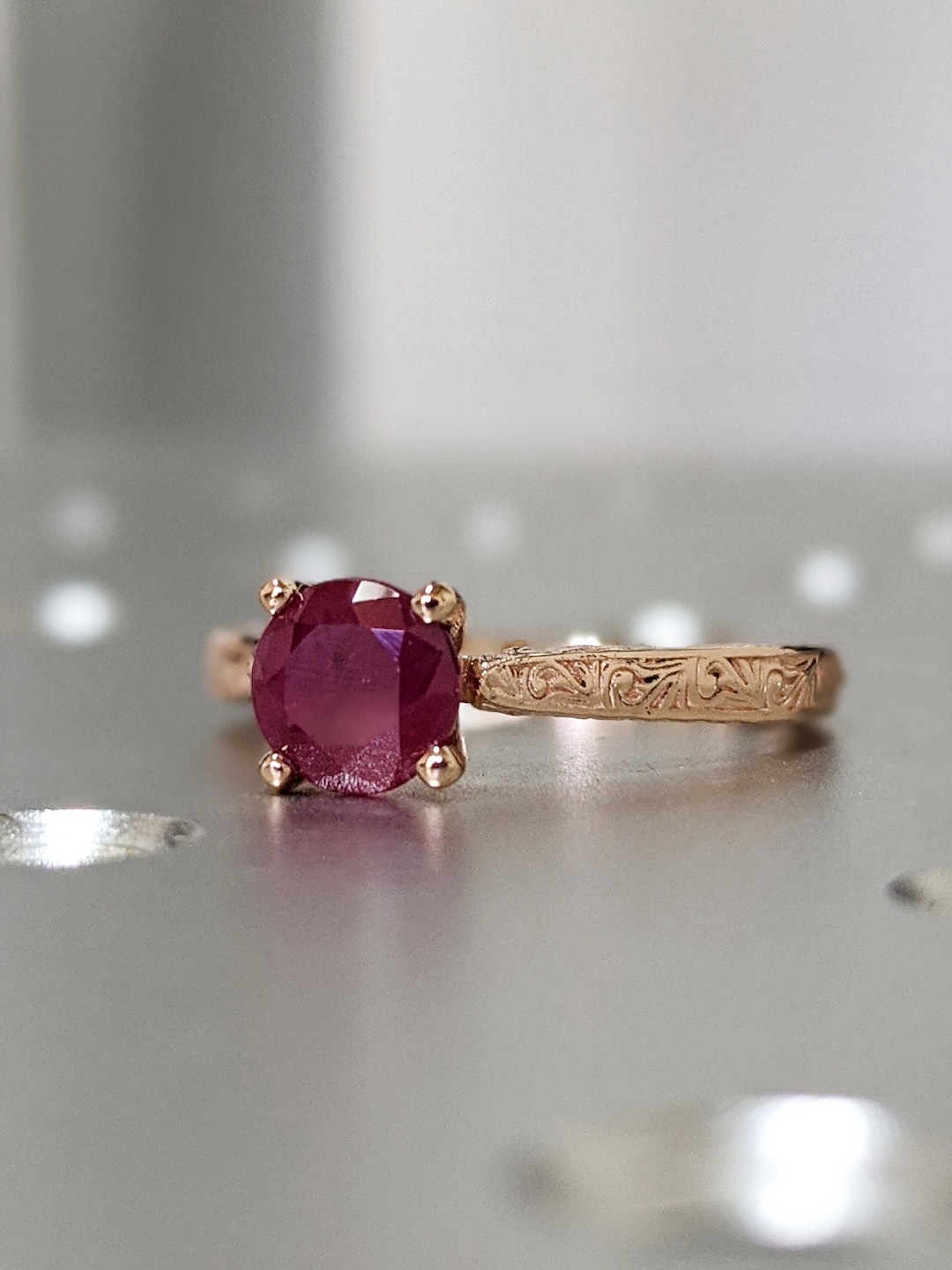 Vintage Ruby Engagement Ring 14k Rose Gold Hand Engraved Ruby Ring ...
