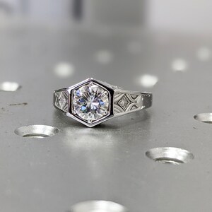Unique Hexagon Round Moissanite Ring, Antique Hexagon Bezel Setting ...