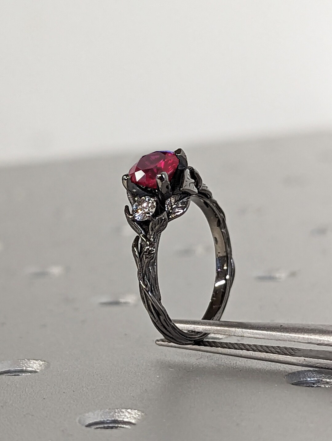 1ct Round Lab Ruby 14K Black Gold Gothic Promise Ring | Nature Inspired ...