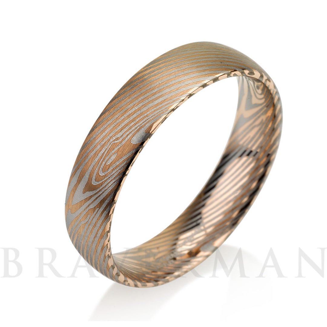Rose Gold Brushed Mokume Gane Tungsten - Forged Ring- Mokume Band ...