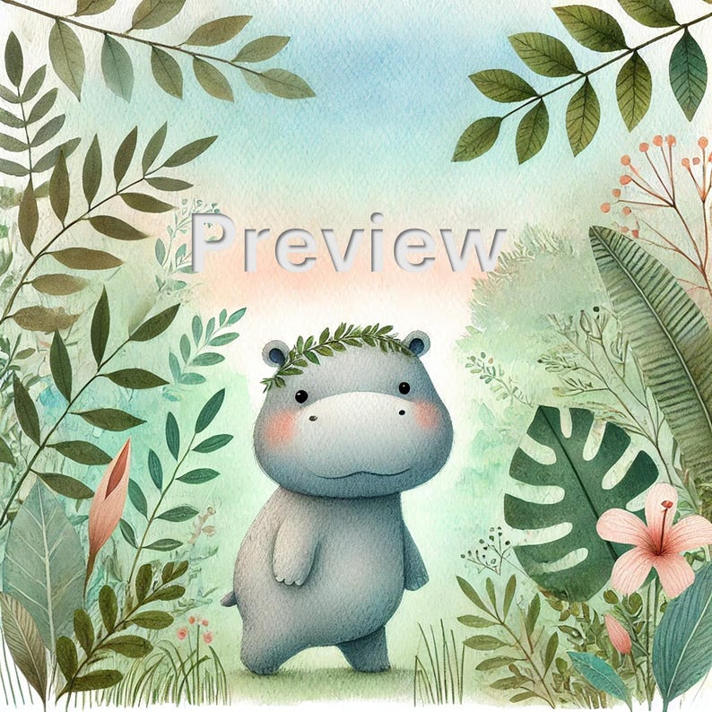 Adorable Watercolor Pygmy Hippo Art Set – Jungle Nursery Prints, Cute ...