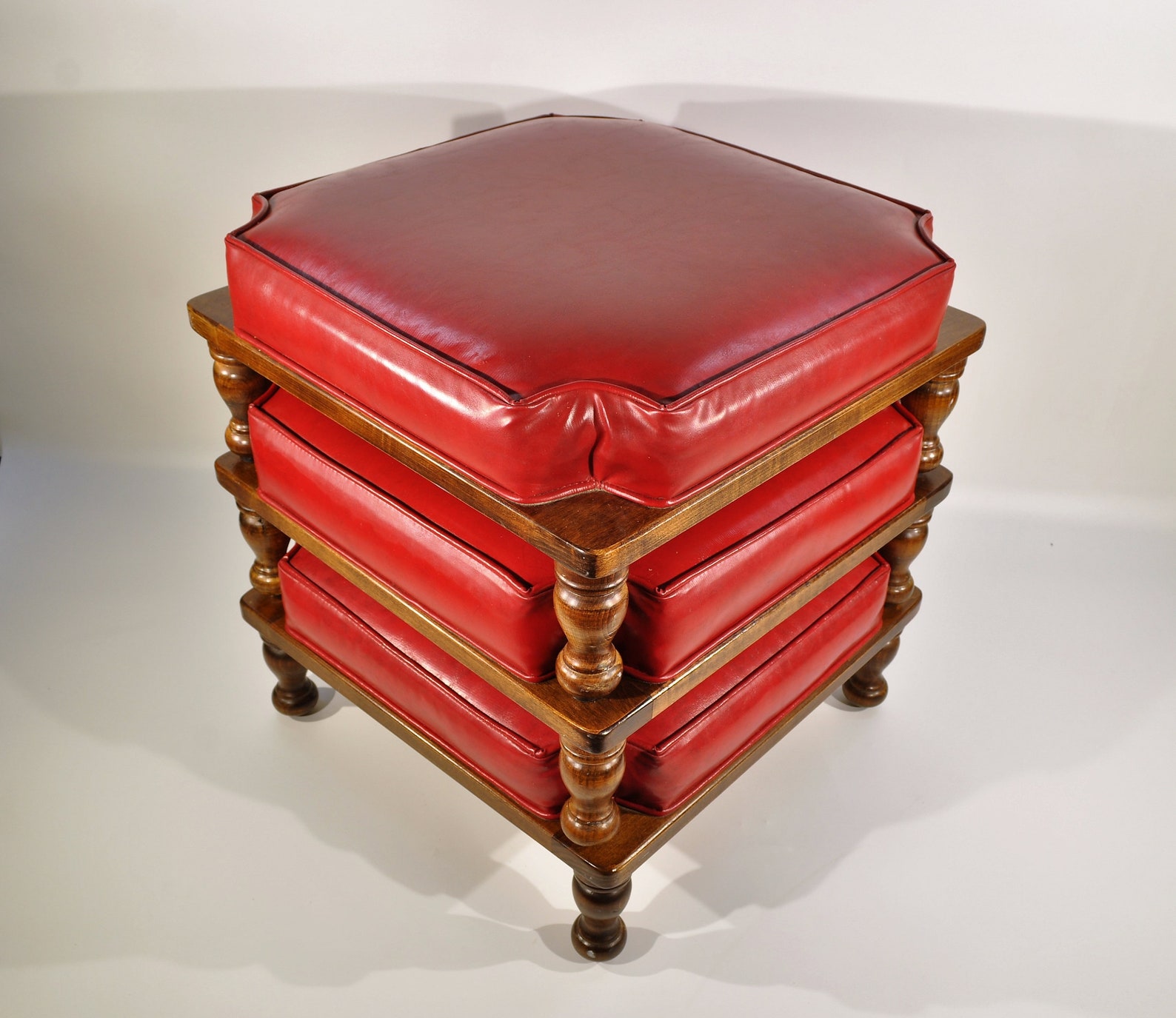 Mid Century Red Stacking Footstools/ottomans, Set of Three/vinyl & Wood ...