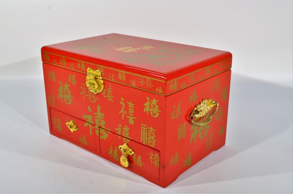 Asian Red Jewelry Box With Golden Dragon & Phoenix Design | Etsy