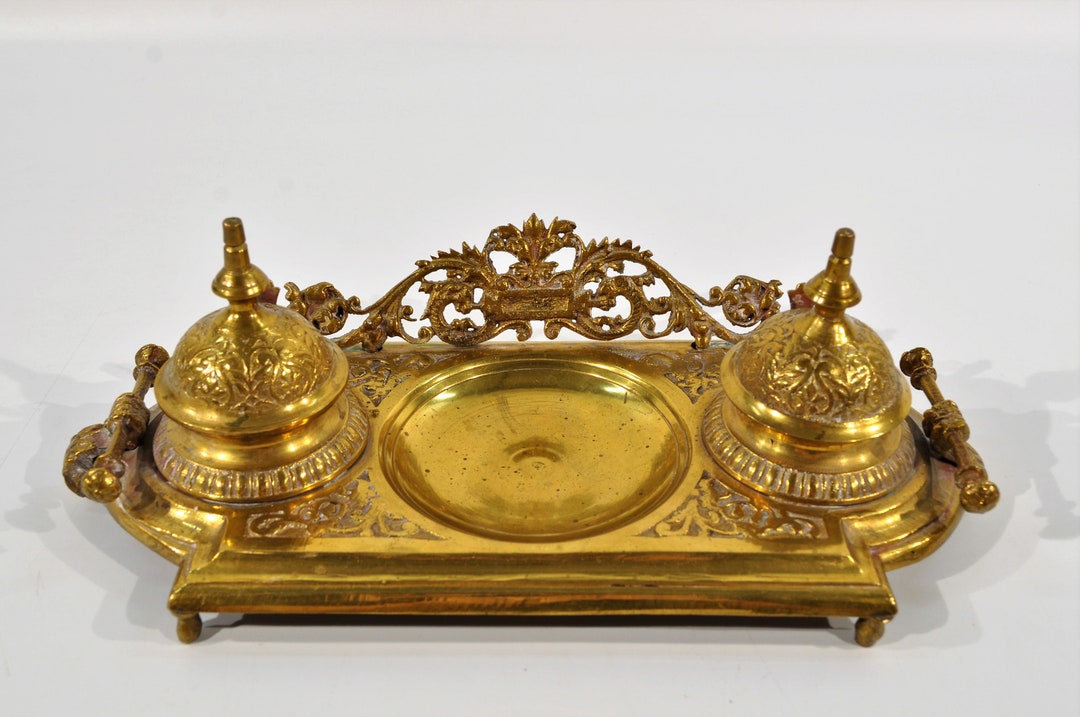 Vintage Ornate Brass Inkwell Holder/filigree Brass Inkwell Pen Holder ...