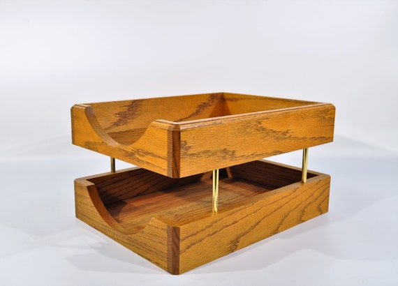 Retro Desk Organizer 2 Tier File Tray Made of Oak Wood & brass | Etsy