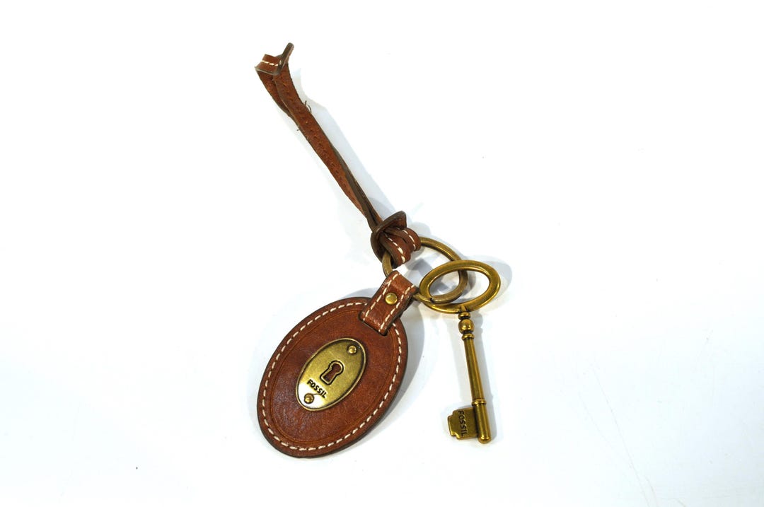 Vintage Fossil Leather Keychain Fob With Golden Tone Key - Etsy