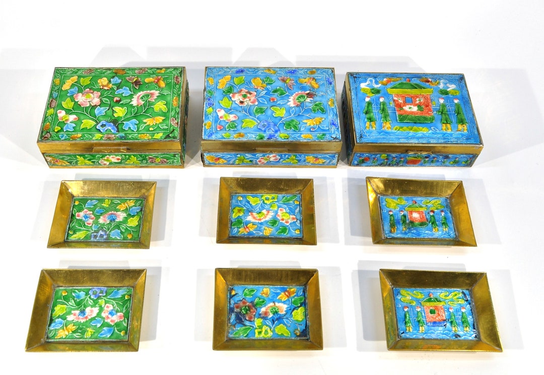 Chinese Cloisonne Brass Cigarette Box and Tray Set of 3 - Etsy