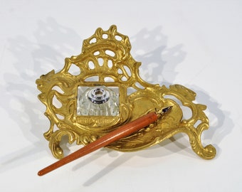 Vintage Postage Stamp Holder Brass Inkwell Vintage Ink Pot Vintage Desk ...