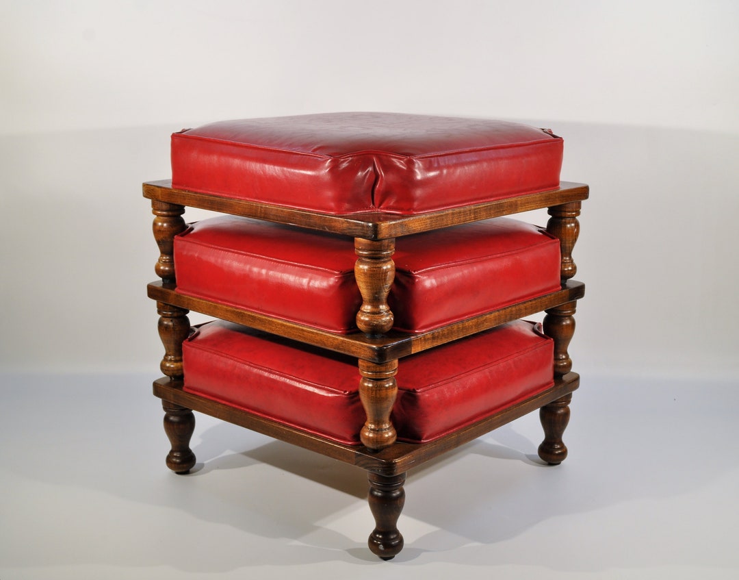 Mid Century Red Stacking Footstools/ottomans, Set of Three/vinyl & Wood ...