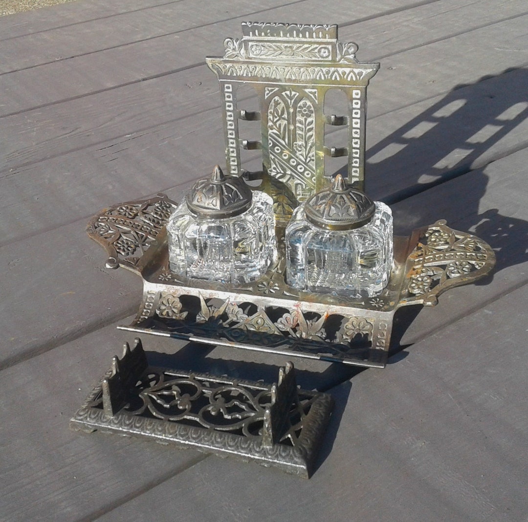 Antique Victorian Iron Quill Pen Holders & Pair of Double Crystal Ink ...