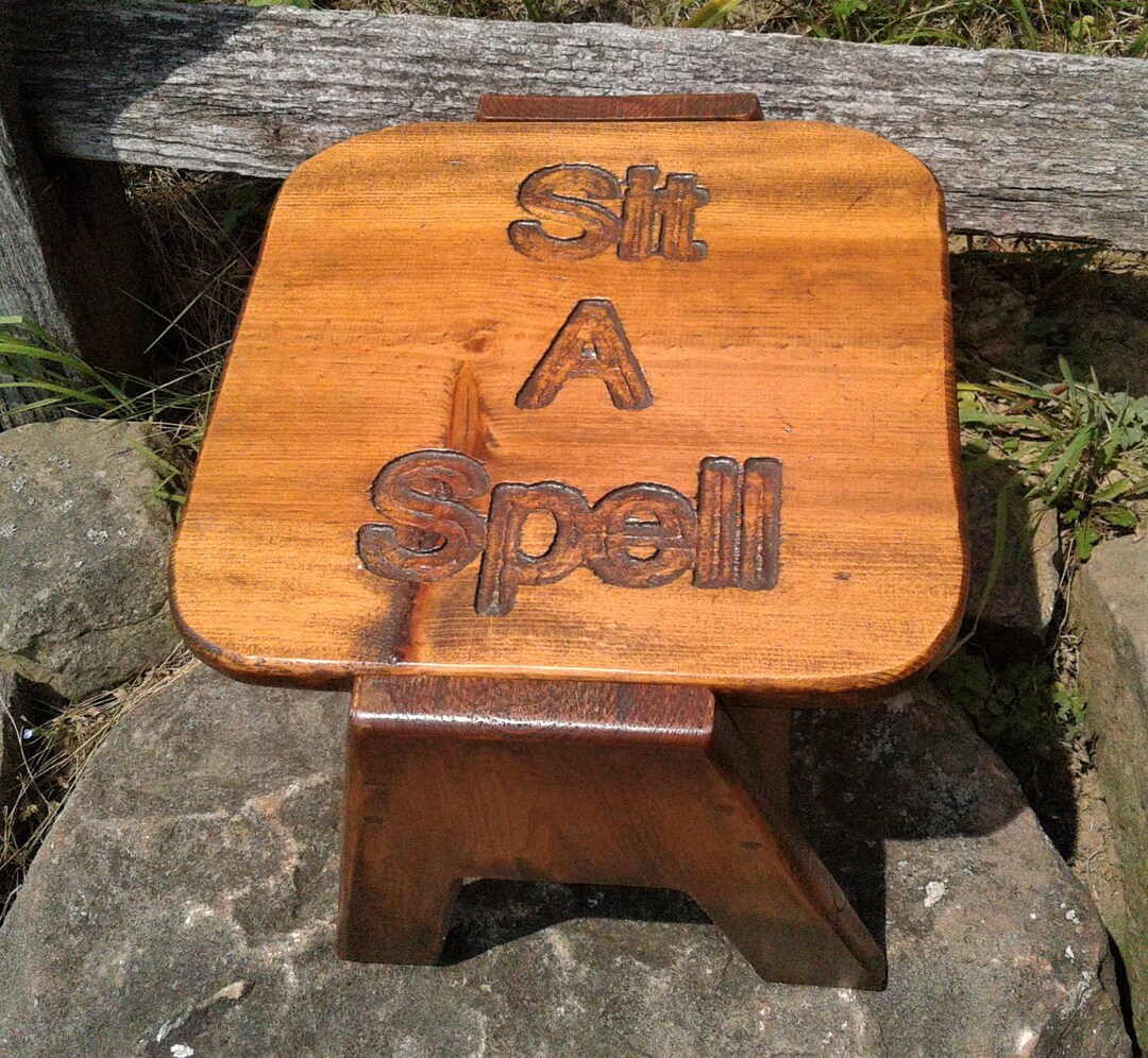 Vintage Pine Wood Foot Stool or Childs Seat Motto Sit A Spell by Debi ...