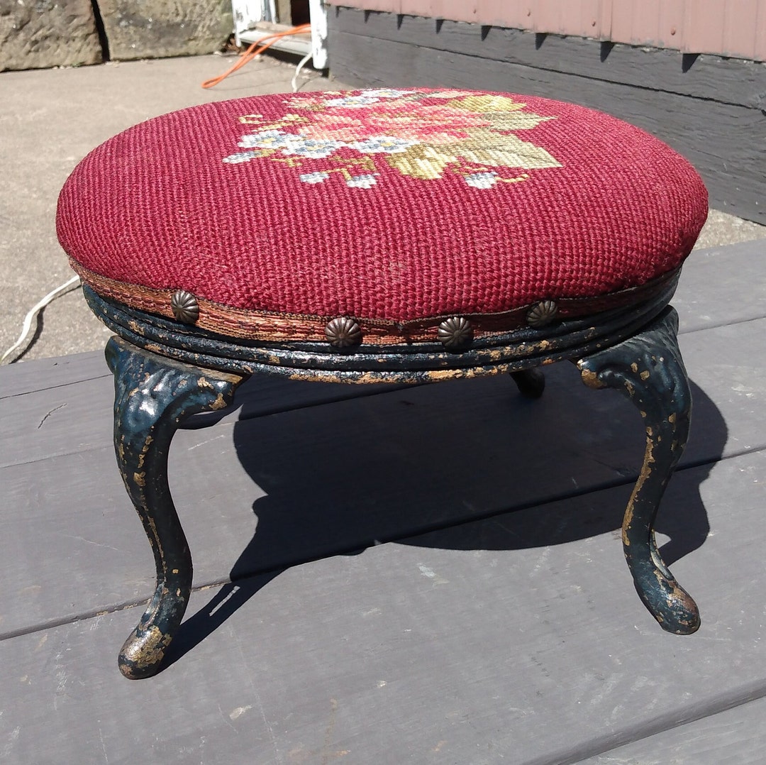 Antique Victorian Round Foot Stool W Curved Cast Iron Legs W ...