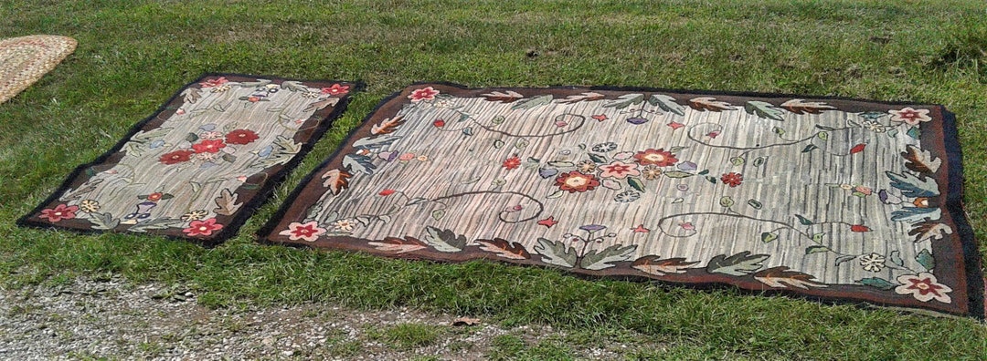 Pair of Antique American Hooked Area Rugs Floral and Leaf Designs 1890s ...