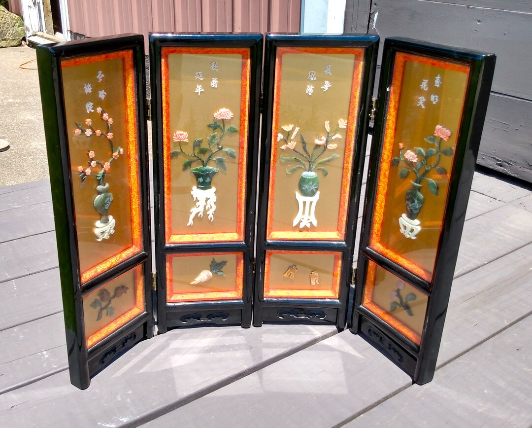 Vintage Oriental Black Lacquer Wood Folding 4 Panel Table Screen or ...