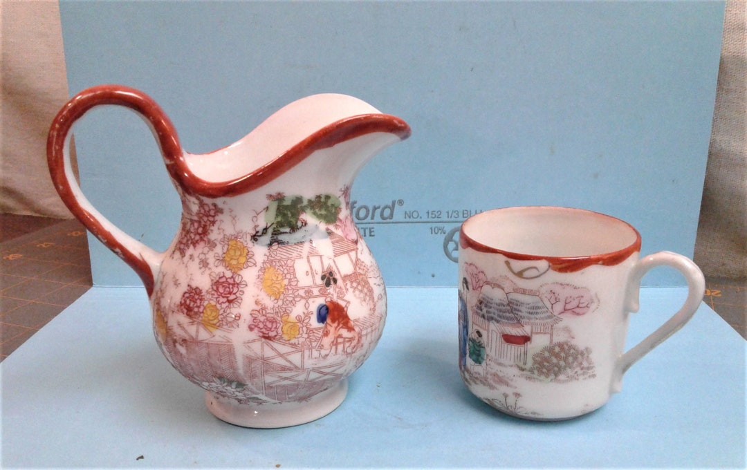 Vintage Japan Porcelain Pitcher and Cup Geisha Girls and Pagodas Red - Etsy