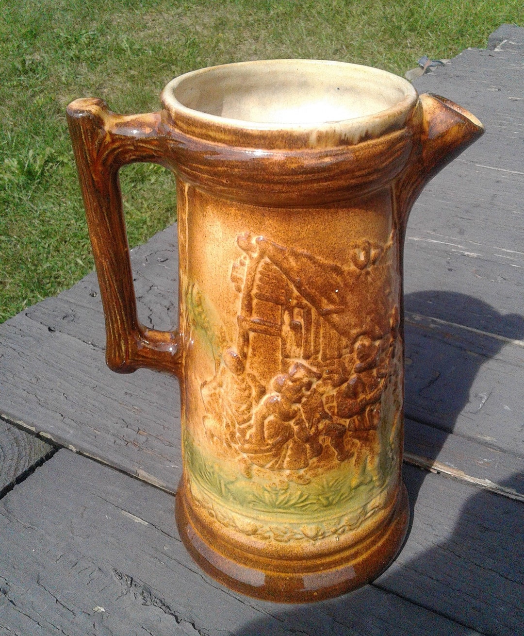 Antique Tall Brush Ware Mccoy Kolorcraft Pottery Tankard Pitcher W Log ...