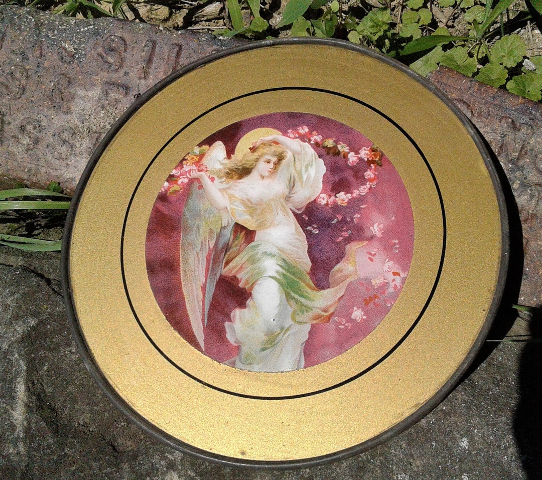 Antique Chimney Flue Round Glass Plate Cover Angel W Rose Garland ...