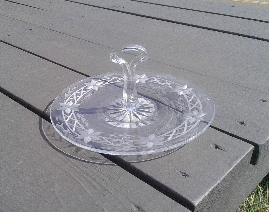 Antique Clear Floral and Lattice Wheel Cut Handled Candy Plate or ...