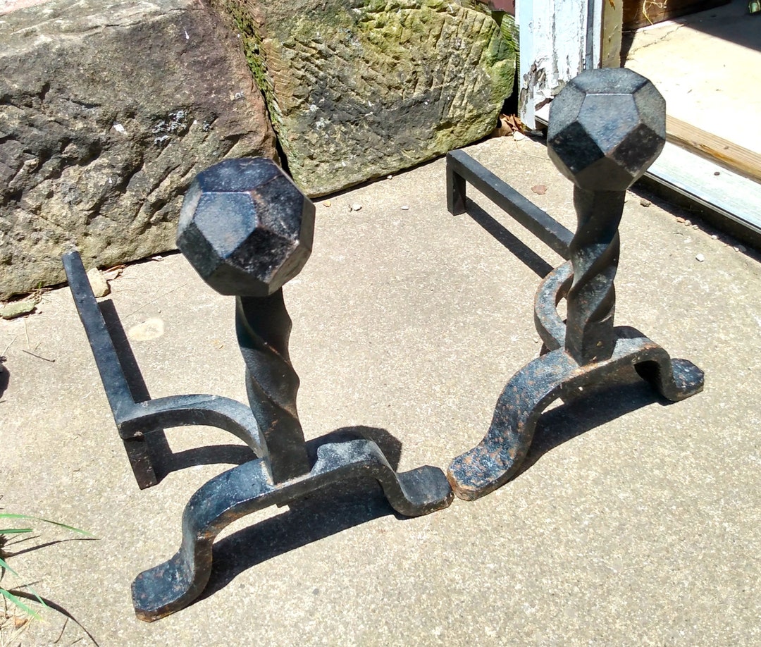 Antique Set of Large Forged Iron Fireplace Andirons With Faceted Top ...