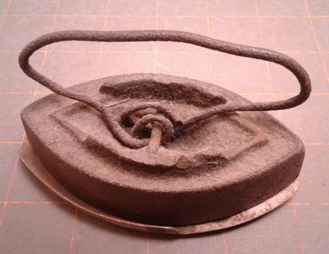 Antique Primitive Small Sad Iron With Metal Holder and Wire Handle Folk ...