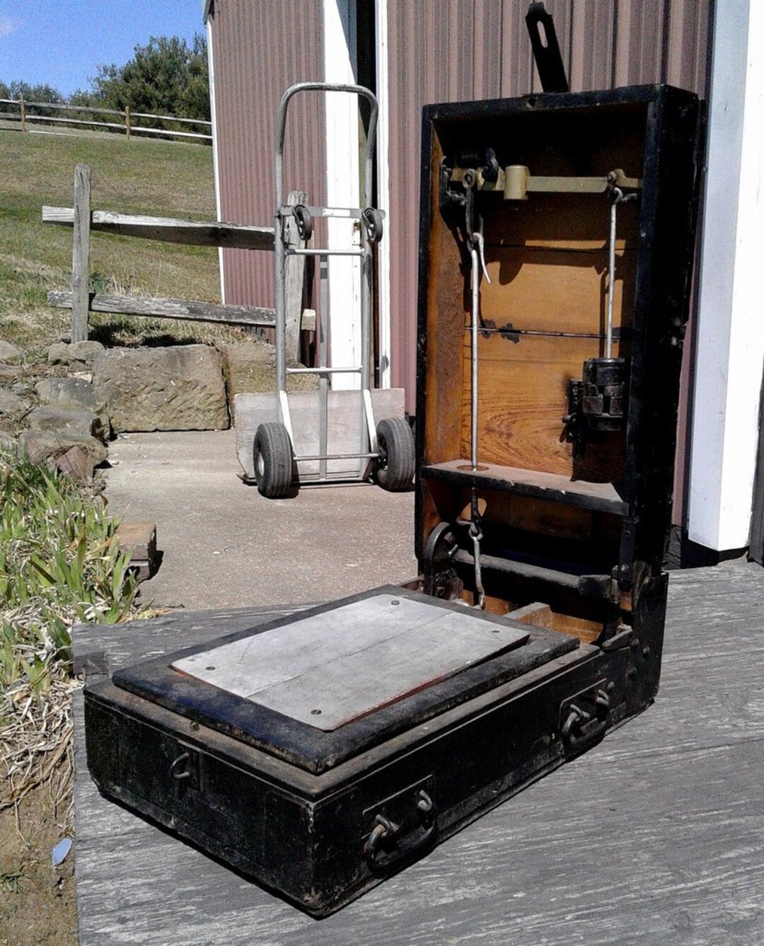 Antique Primitive Brass Beam Scale Portable Wood Box Folds up With ...