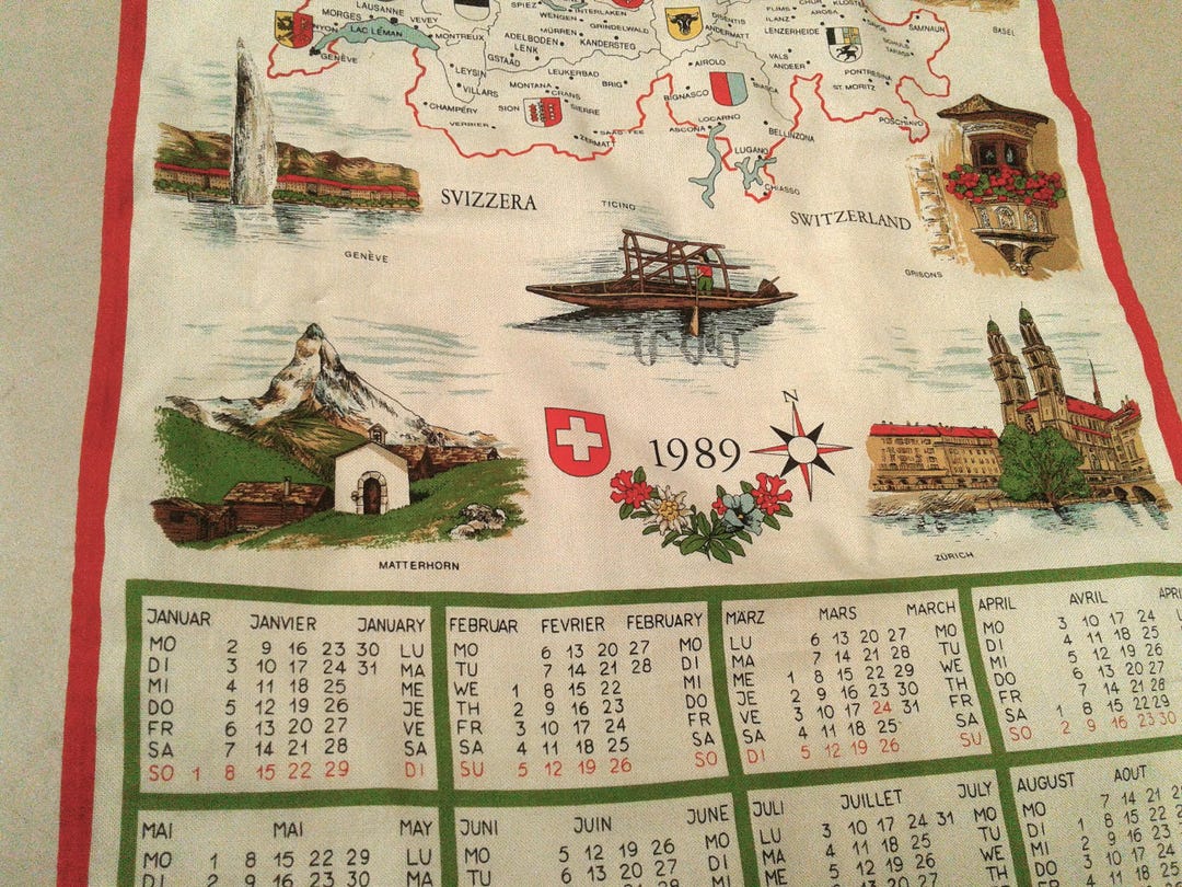 Vintage 1989 Switzerland Calendar Wall Hanging Tea Towel Alba Cotton - Etsy