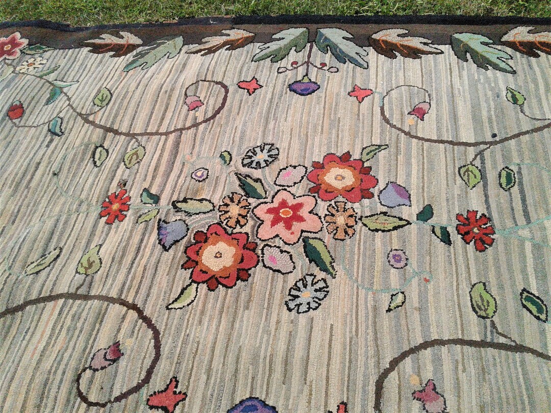 Pair of Antique American Hooked Area Rugs Floral and Leaf Designs 1890s ...