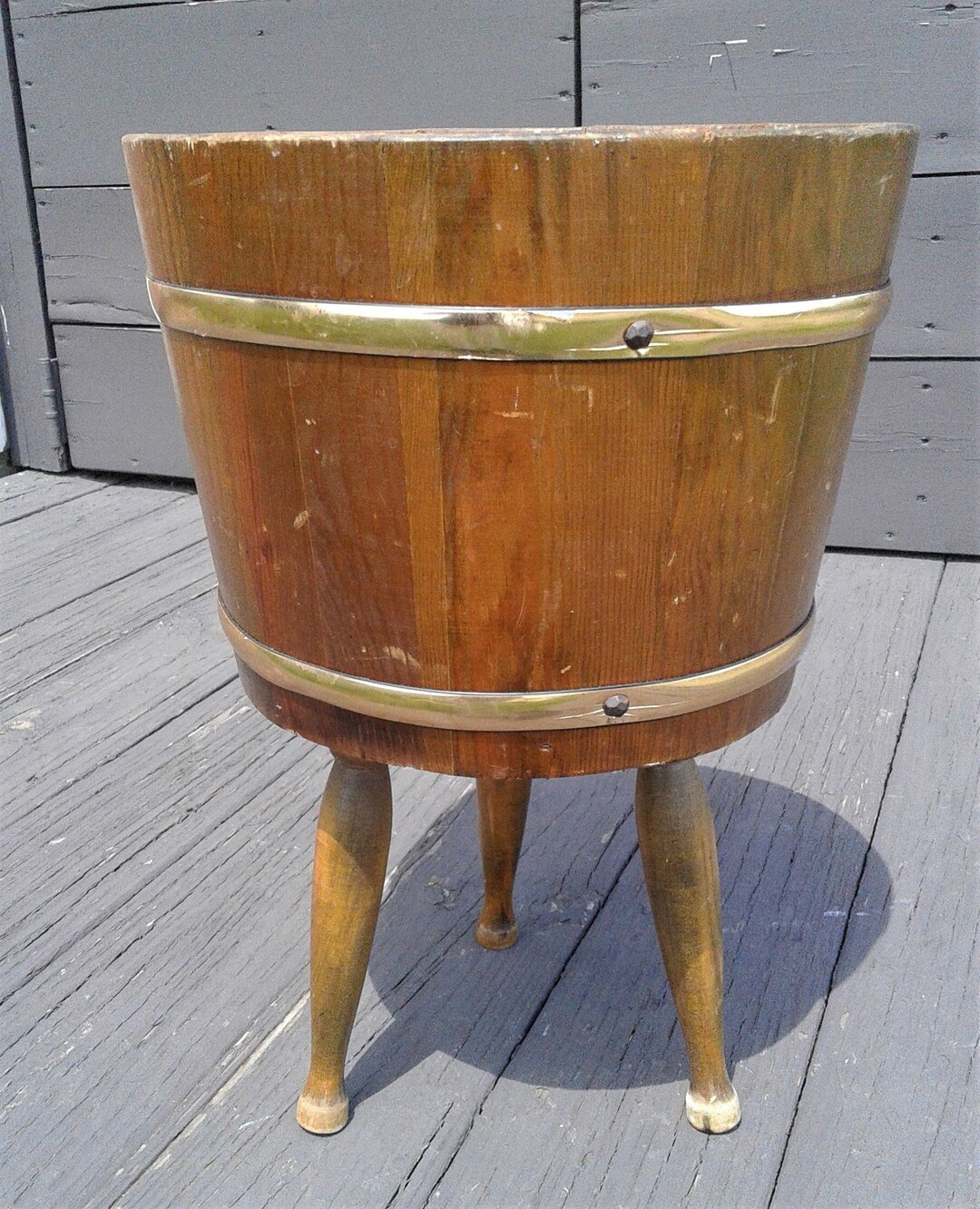 Vintage Mid Century Modern Wooden Bucket W 3 Legs Sewing Basket or ...
