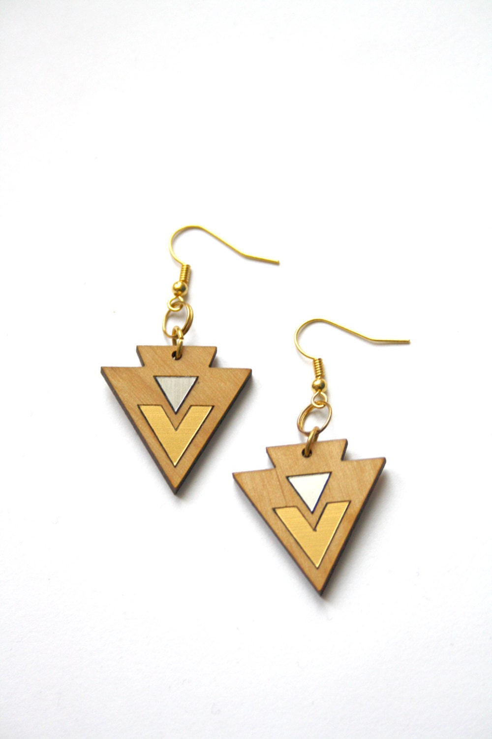 Geometric Earrings in Wood Triangle Chevron Pattern Gold | Etsy