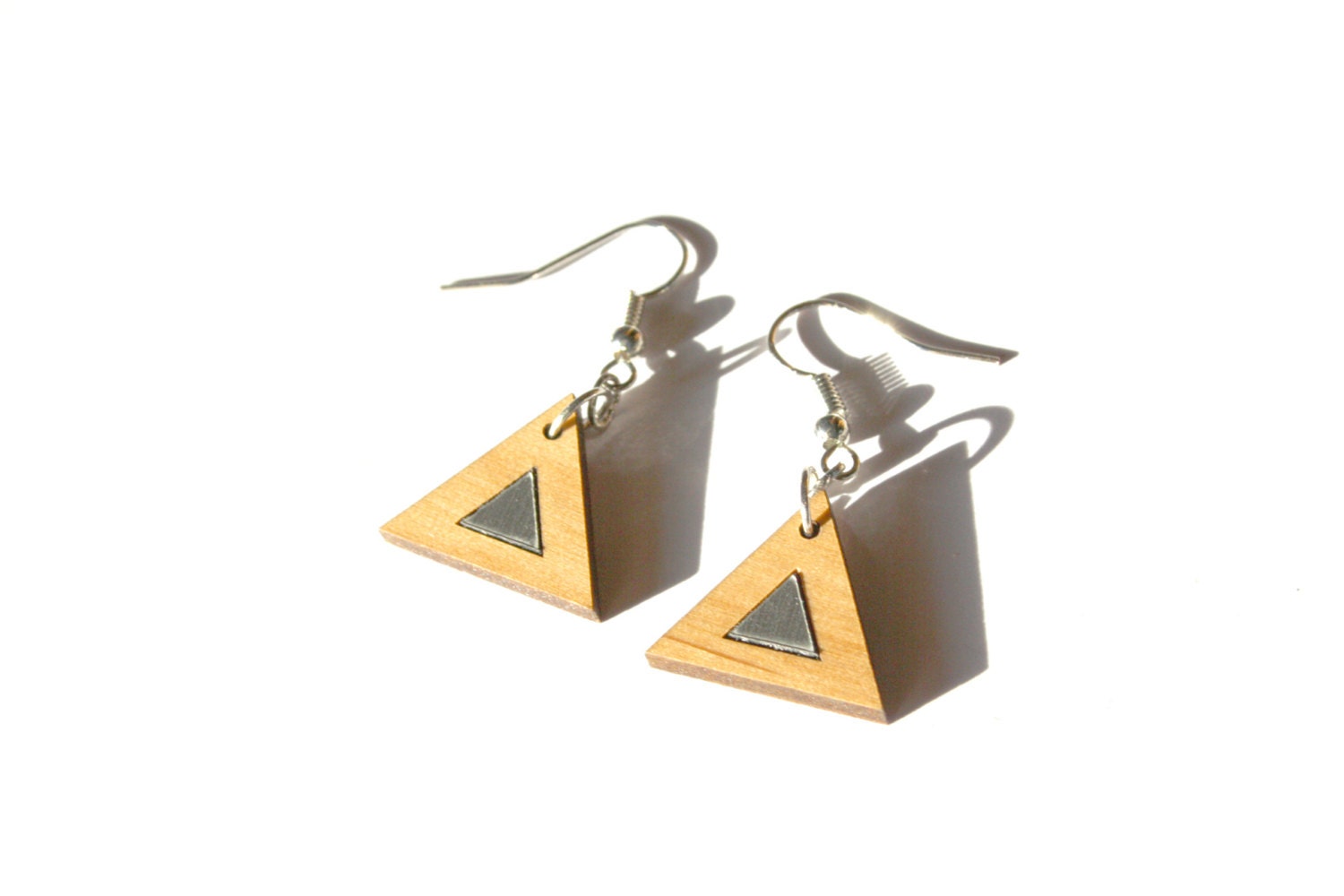 Wood Pendant Earrings Triangle Shape Silver Color Detail, Geometric ...