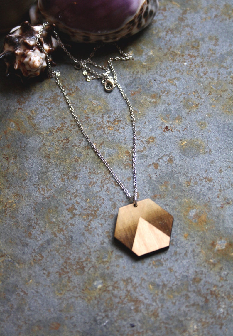 Wooden Necklace Minimal Geometric Pendant Wood Hexagon Shape | Etsy