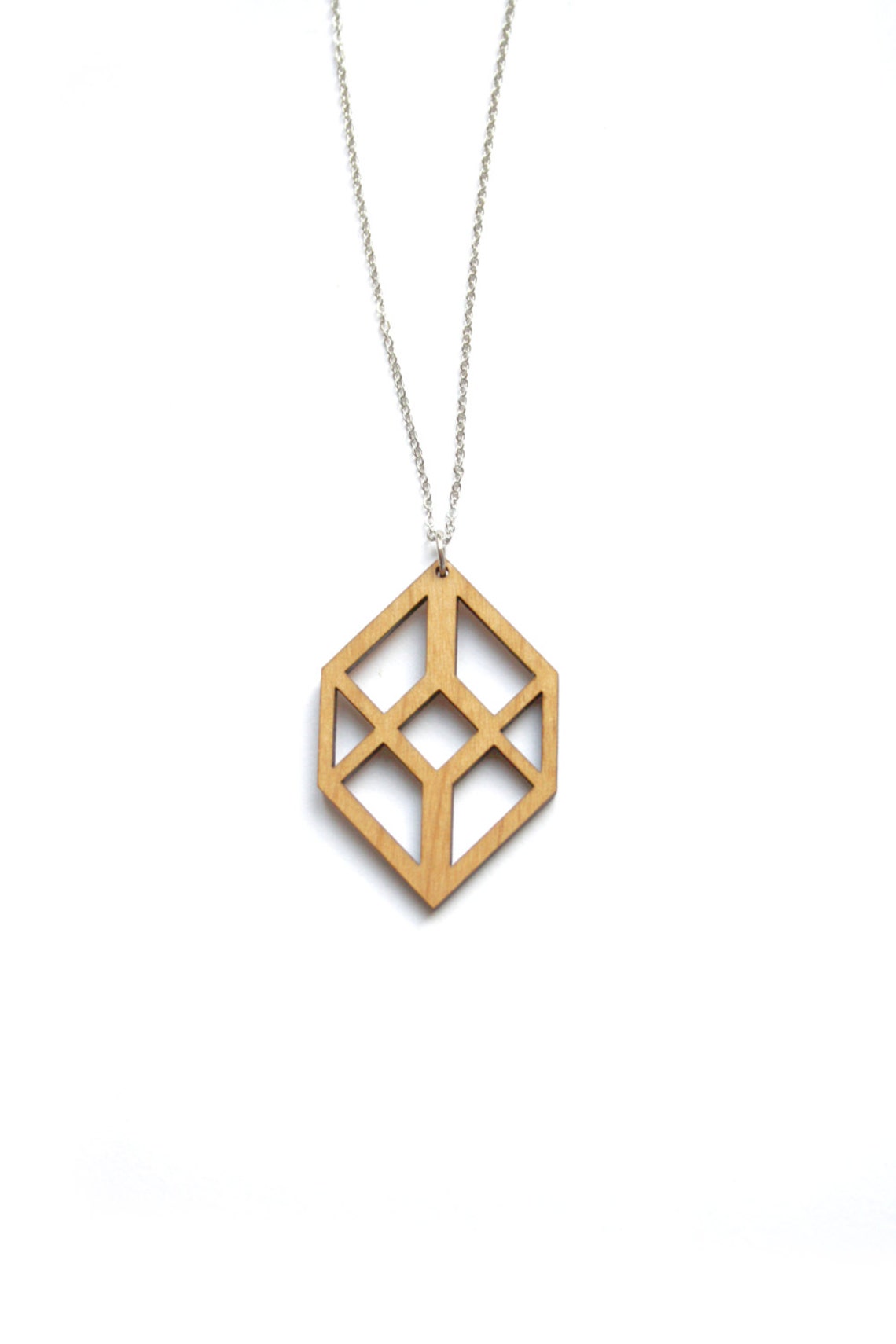 Wooden Necklace, Geometric Wood Pendant, Cube Shape Opt Art Inspiration ...