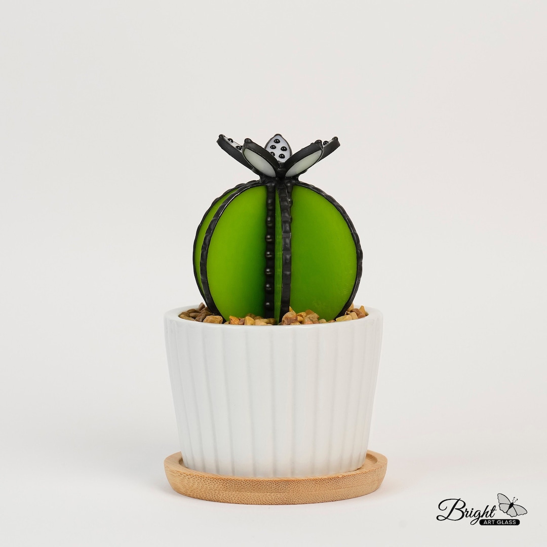 MEDIUM Stained Glass Cactus Plant Stick, Potted Glass Succulent, Black ...