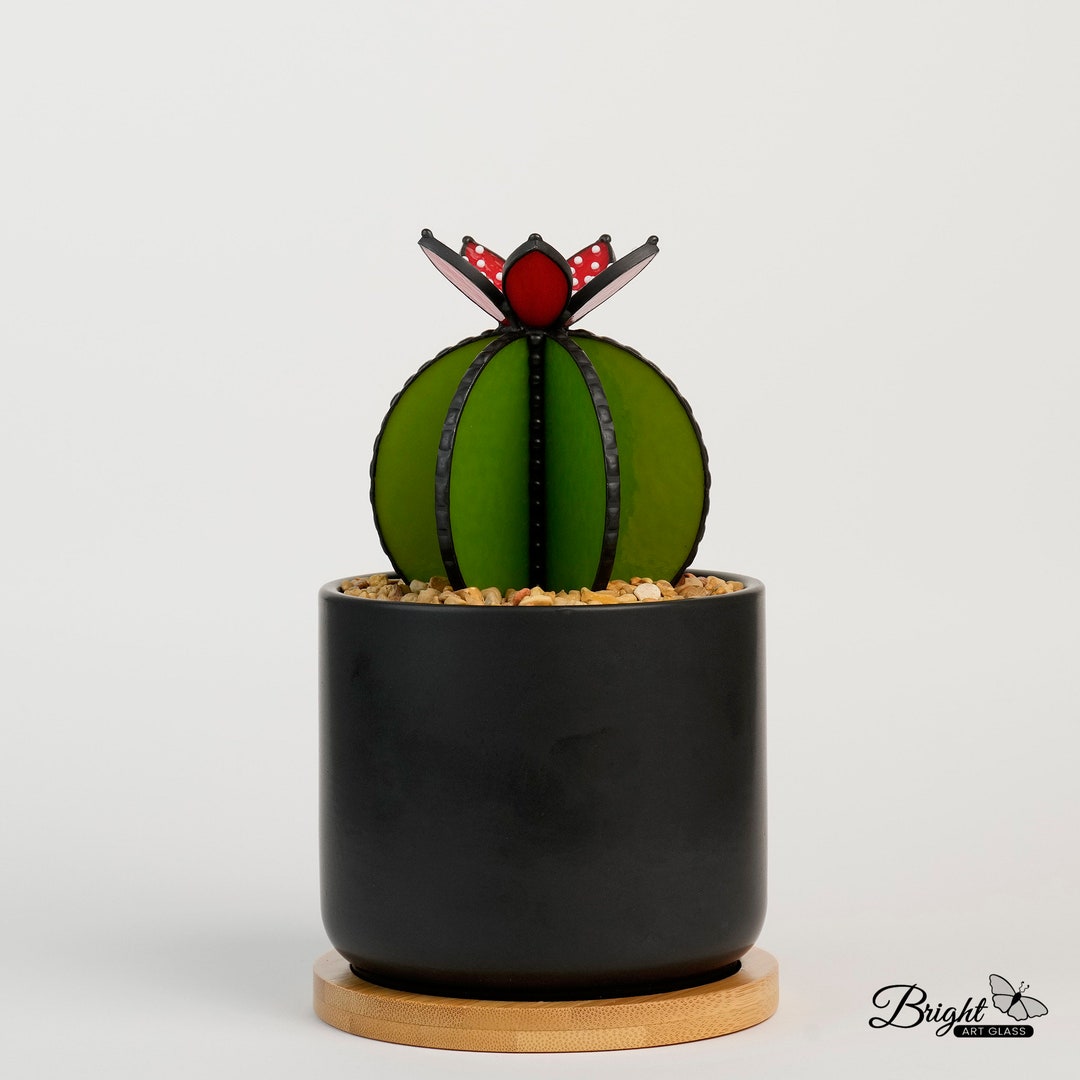 LARGE Stained Glass Cactus Plant Stick, Glass Succulent, Red Dot Flower ...