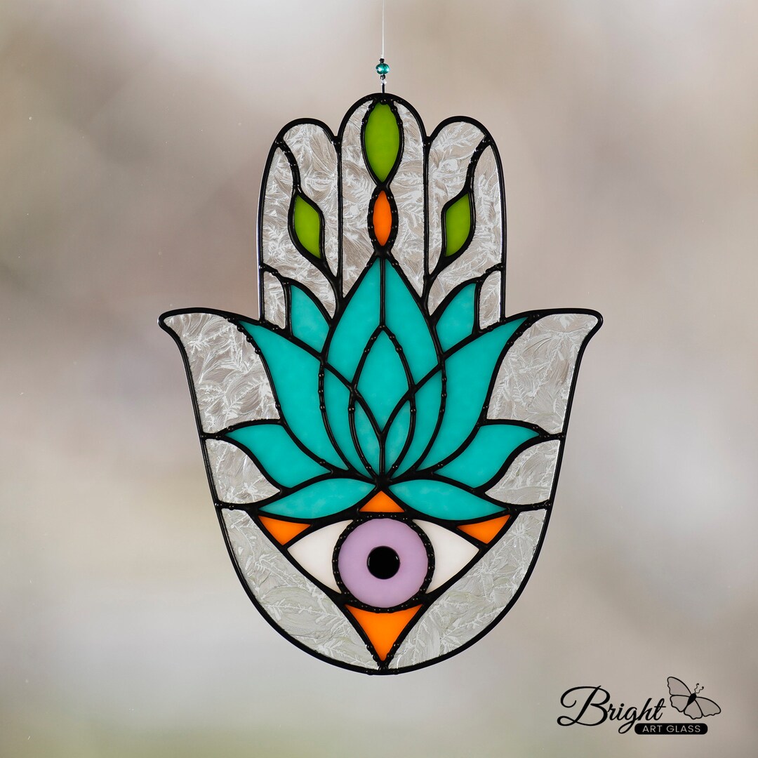Handmade Stained Glass Hamsa Hand Suncatcher, Spiritual Home Decor, Evil Eye Protection ...