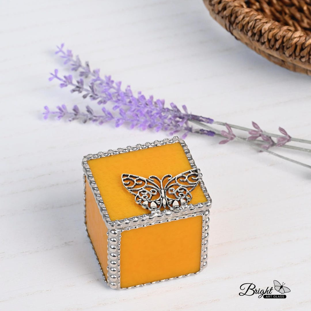 Stained Glass Proposal Box With Butterfly Accent Handmade Orange ...