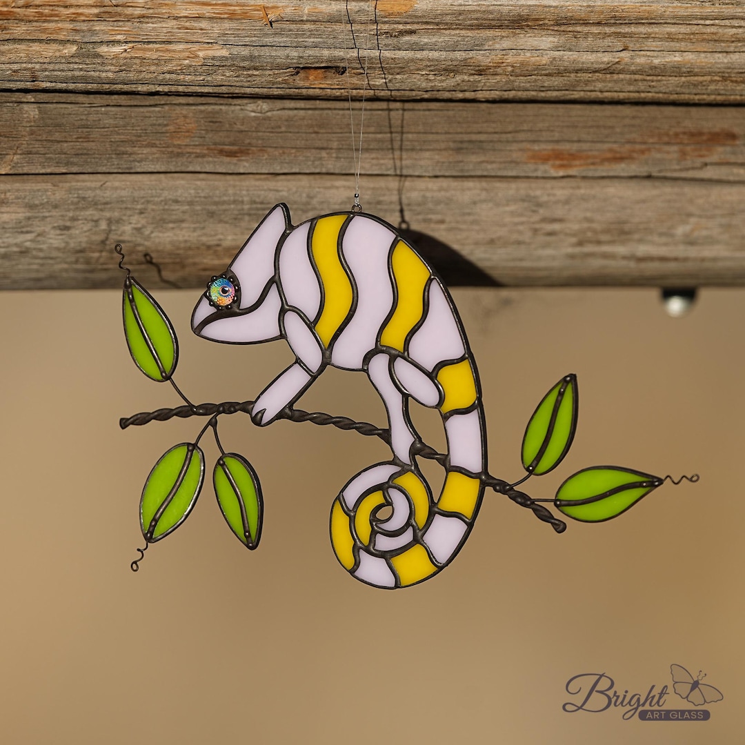 Stained Glass Chameleon Suncatcher: Pink & Yellow Lizard Window Decor ...