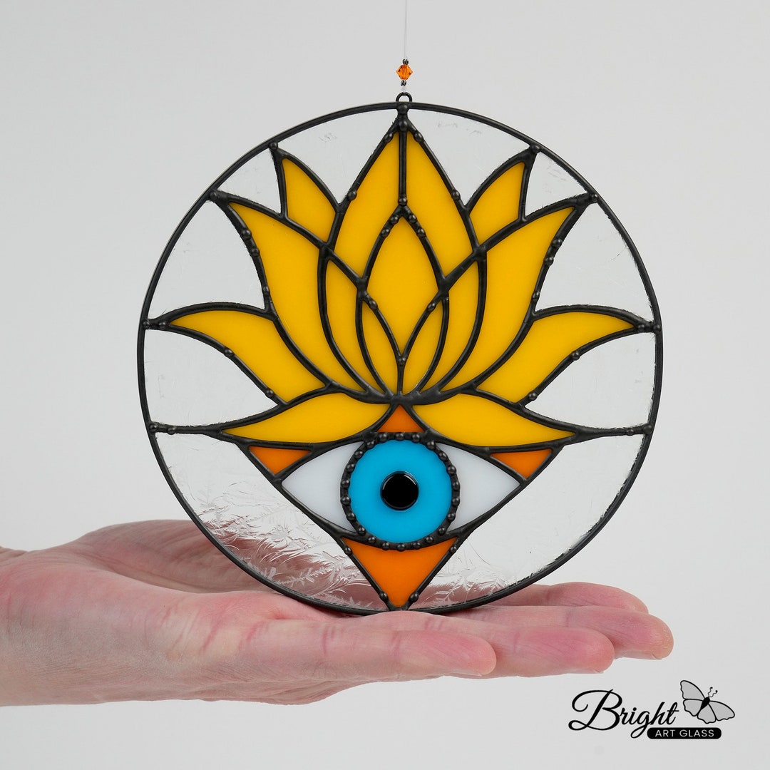 Stained Glass Evil Eye Suncatcher: Yellow Lotus Boho Decor - Etsy