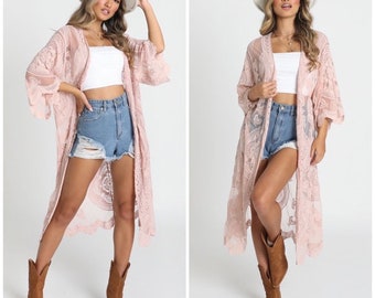 White Scalloped Sheer Mesh Lace Maxi Duster Boho Kimono Coverup Wrap ...