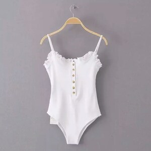 The Cutest White Ribbed Button Ruffled Bodysuit Casual Women's - Etsy