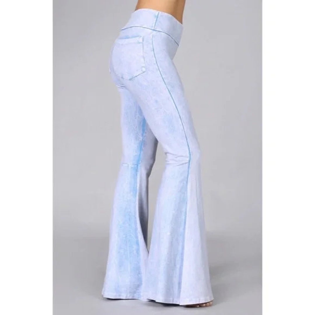 Powder Blue Denim Mineral Wash French Terry Flared Stretch Bell Bottom ...