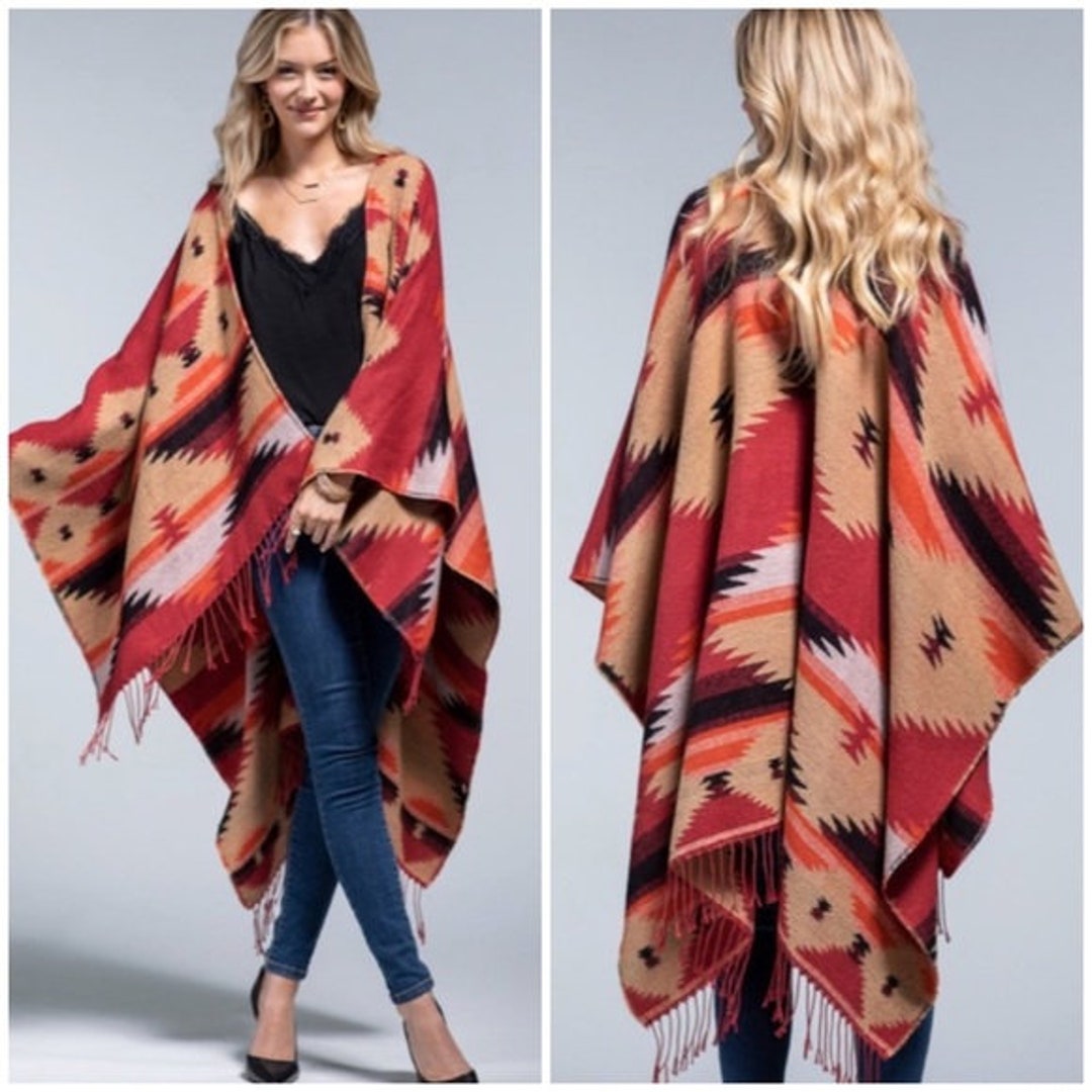 Mojave Western Ethnic Oversized Knit Ruana Fringe Wrap Open Poncho Fall ...